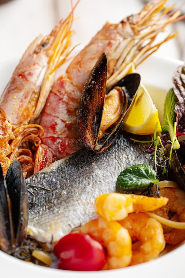 Assorted Seafood Platter Set Served on Big White Plate Dish with ...