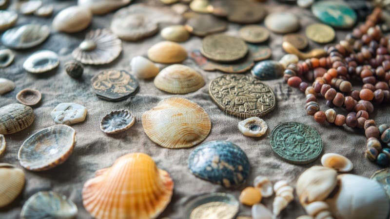 Assorted Seashells, Ancient Coins, and Beads on Fabric Stock ...