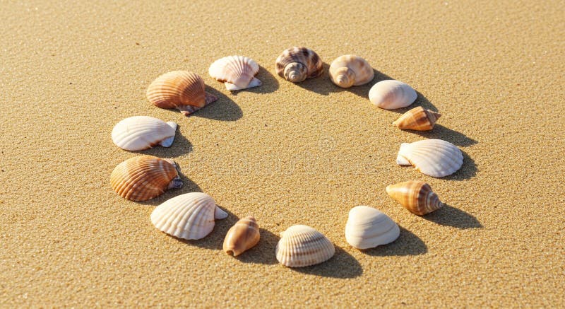 Assorted Seashells in Circle on Beach Sand, Top View Ai Stock ...