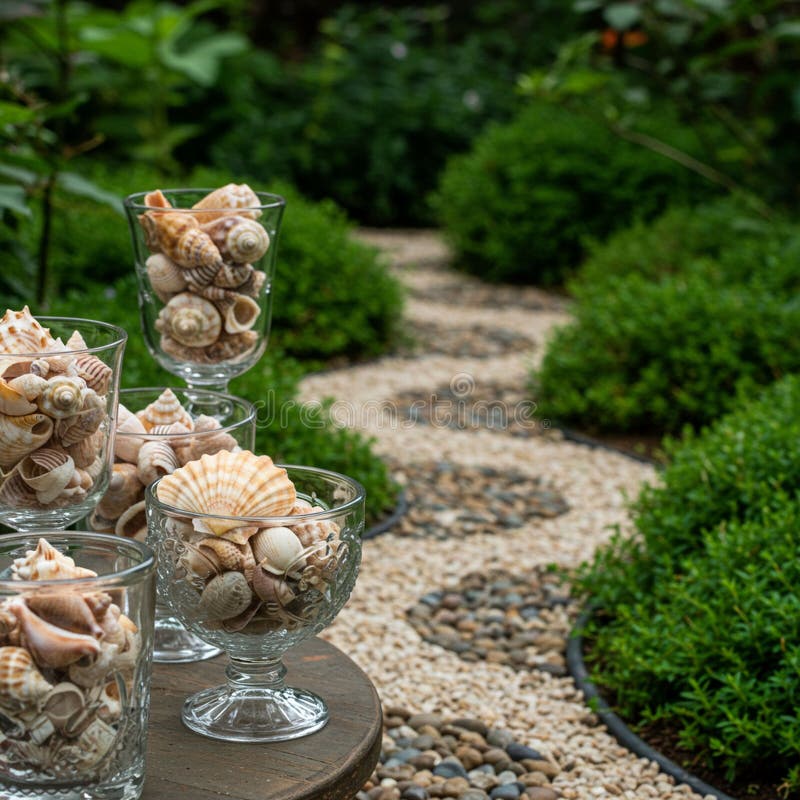 Assorted Seashells Displayed in Six Clear Glass Jars, Each with a ...