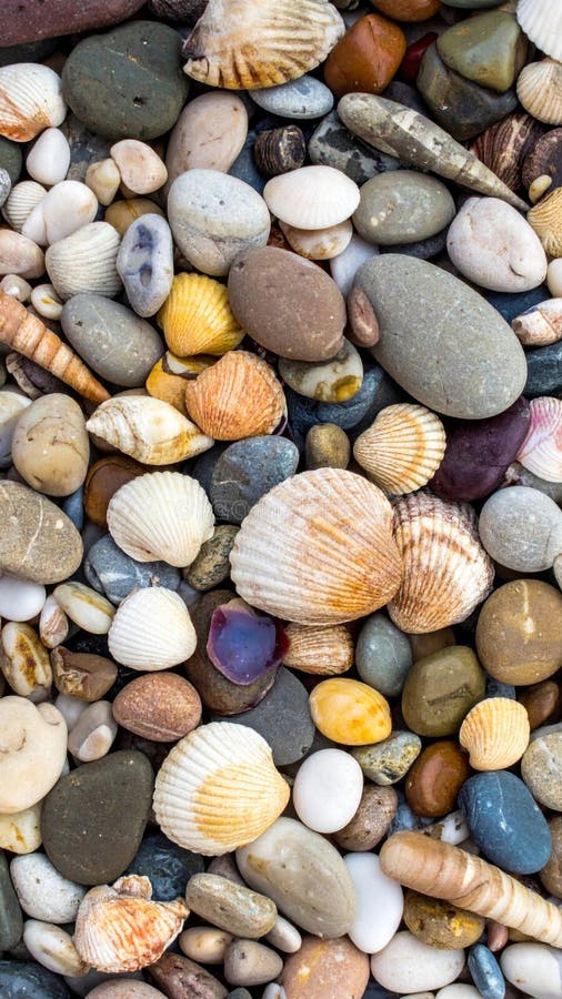 Assorted Seashells and Smooth Stones on Beach Backdrop with Natural ...