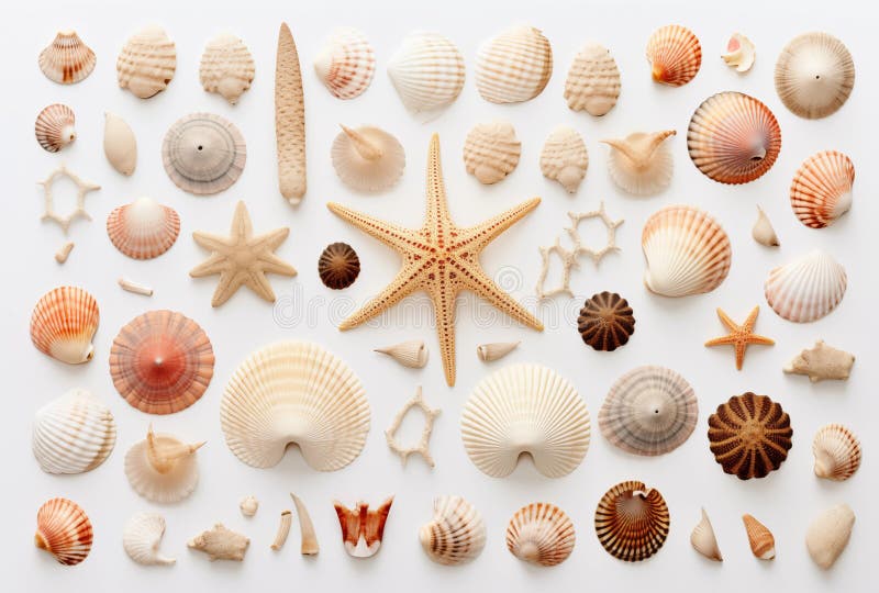 Assorted Seashells and Starfish Arranged in a Flat Lay on White ...