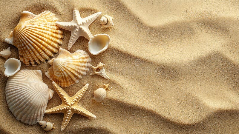 Assorted Seashells and Starfish on Golden Sandy Beach, Creating a ... Assorted Seashells and Starfish on Golden Sandy Beach, Creating a ...