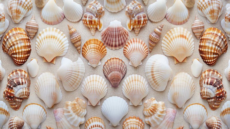 Assorted Seashells with Varied Patterns Symmetrically Arranged on a ...