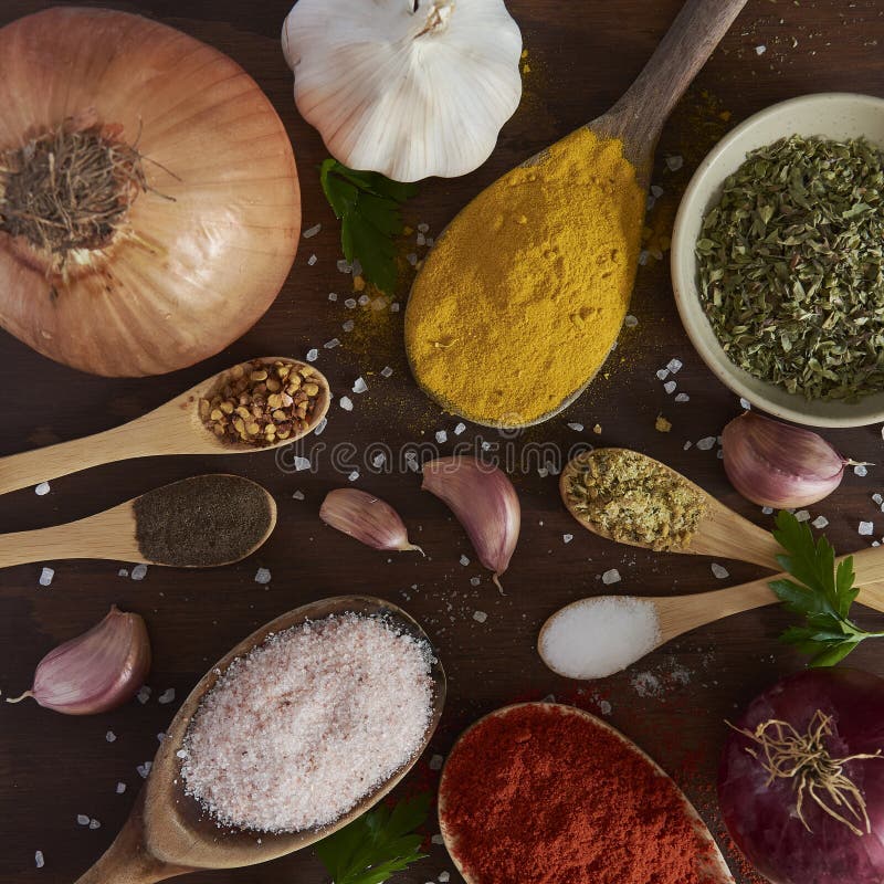 Seasonings and Spices Displayed on a Table Stock Image - Image of herbs ...