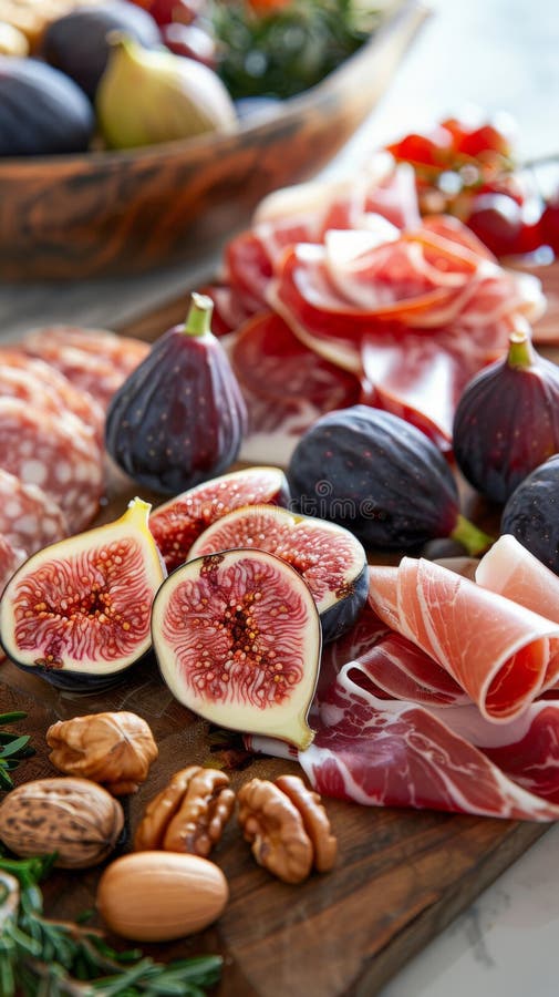 Assorted Selection of Charcuterie Meats, Fresh Figs, and Nuts on Wooden ...