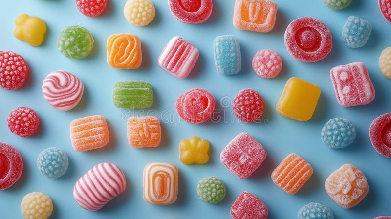 Assorted Shapes Candy Varieties Scattered on a Blue Background ...