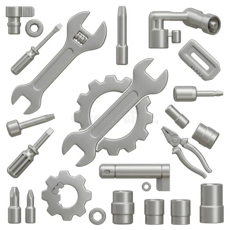 Assorted Silver Metal Tools and Gears on White Background Stock ...