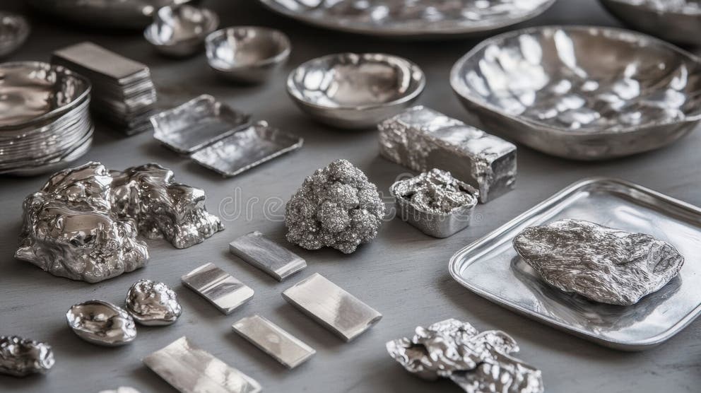 Assorted Silver Objects and Raw Metal Display Stock Illustration ...