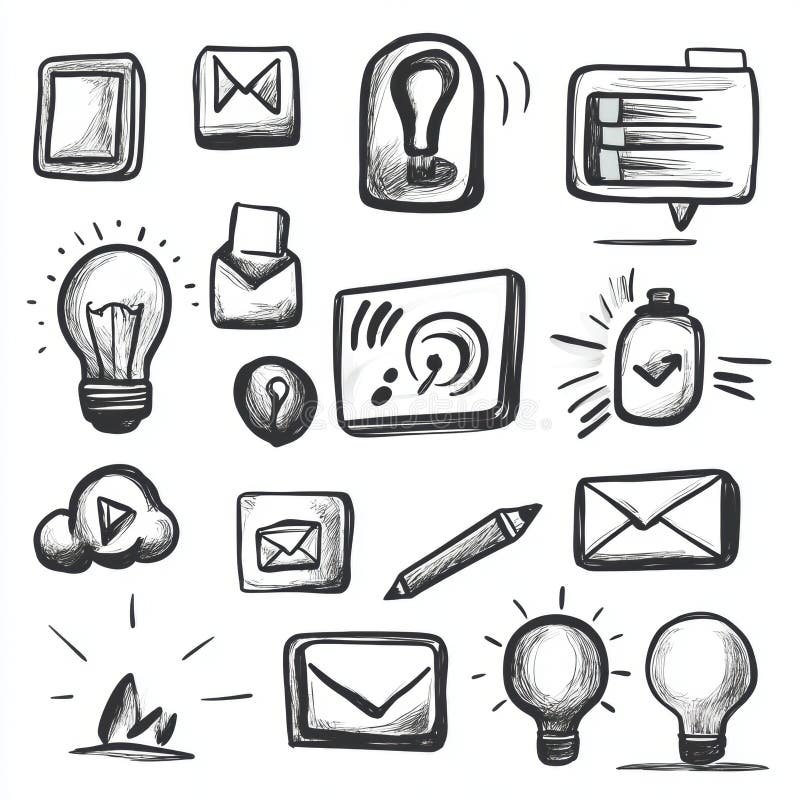 Assorted Sketches of Various Communication and Technology Icons Stock ...
