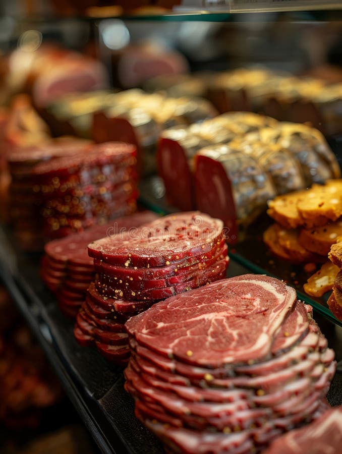 Assorted Sliced Deli Meats in a Display Case Stock Photo - Image of ...
