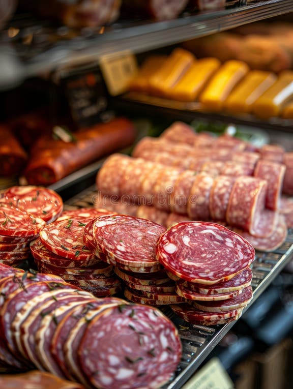 Assorted Sliced Meats Displayed on a Deli Shelf. Stock Image - Image of ...
