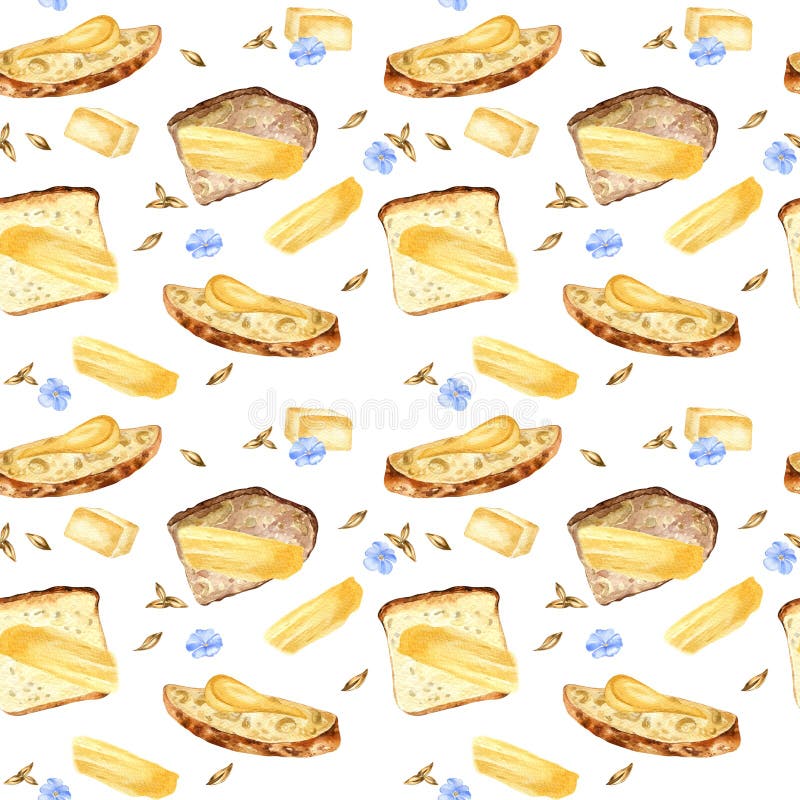 Assorted Slices of Bread and Butter in Watercolor Seamless Pattern ...