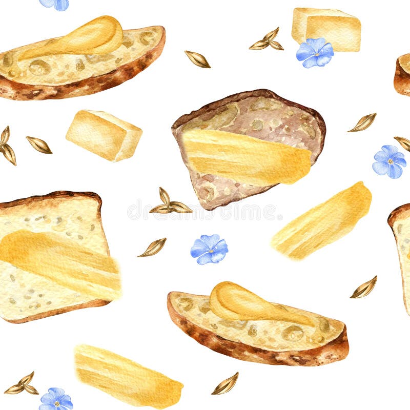 Assorted Slices of Bread and Butter in Watercolor Seamless Pattern ...