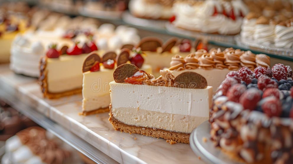 Assorted Slices of Cheesecake with Various Toppings on Display. Stock ...