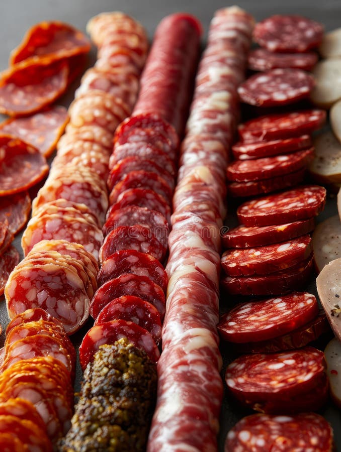 Assorted Slices of Various Cured Meats Arranged Neatly in Rows. Stock ...