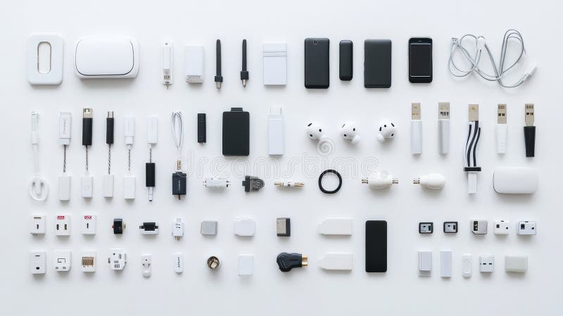 Assorted Small Electronic Devices Arranged Neatly on a White Background ...