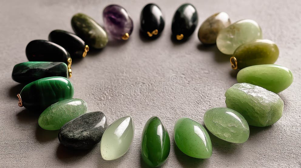 Assorted Small Jade Pieces Artfully Arranged on a Textured Surface ...