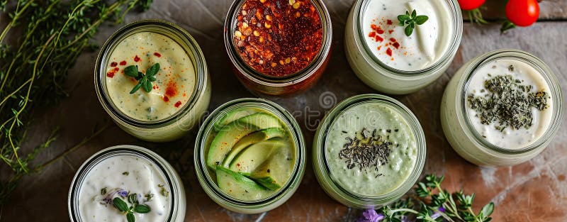 Assorted Small Jars of Homemade Ranch Dressing with Avocado, Herbs, and ...