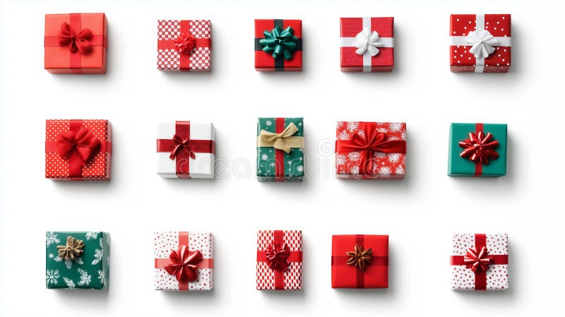 Assorted Small Red and Green Wrapped Gift Boxes Arranged in a Grid on a ...