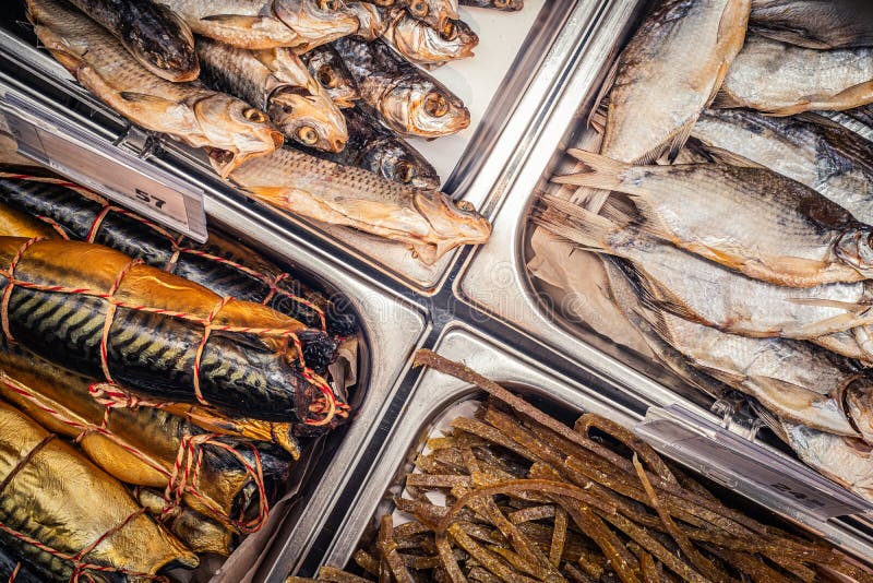 Assorted Smoked and Dried Fish in Market Stock Photo - Image of ...