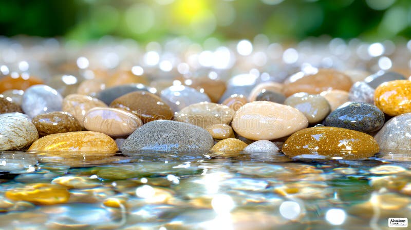 Smooth River Stone Arrangement with Water Reflection and Blurred ...