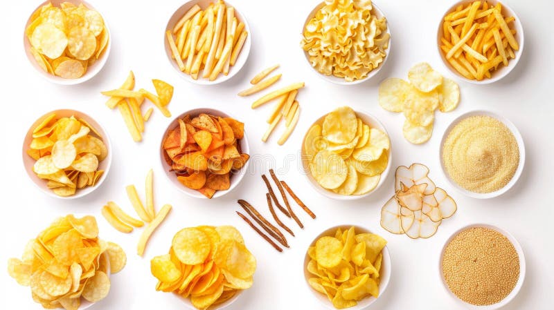 Assorted Snack Bowls with Different Types of Chips and Crisps on White ...