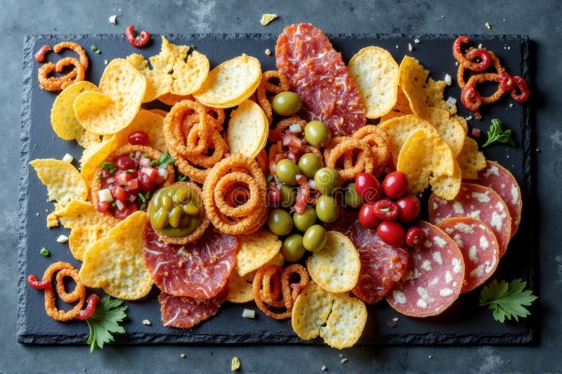 Assorted Snack Platter with Chips, Salami, Olives, and Pretzels on Slate Board Stock Image ...
