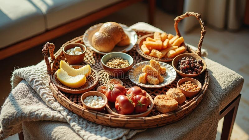 Assorted Snack Platter with Fruits, Pastries, and Nuts on a Wicker Tray ...