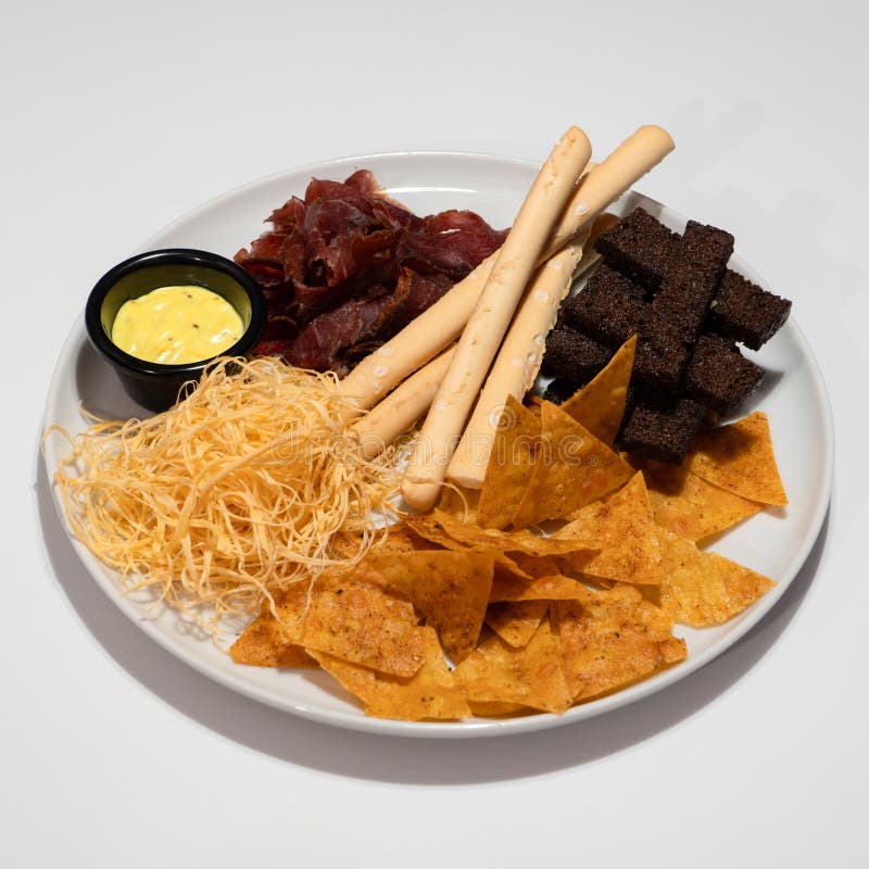 Assorted Snack Platter with Nachos, Breadsticks, Jerky, Cheese Straws ...