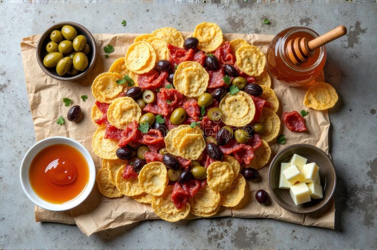 Assorted Snack Platter with Salami, Olives, Cheese, and Honey on Rustic ...