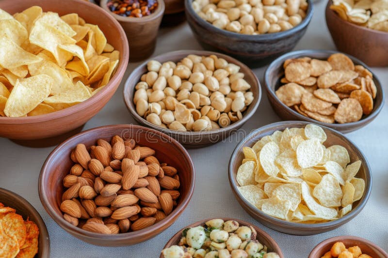 Assorted Snacks Arranged in Bowls with Potato Chips, Nuts, and Crisp ...