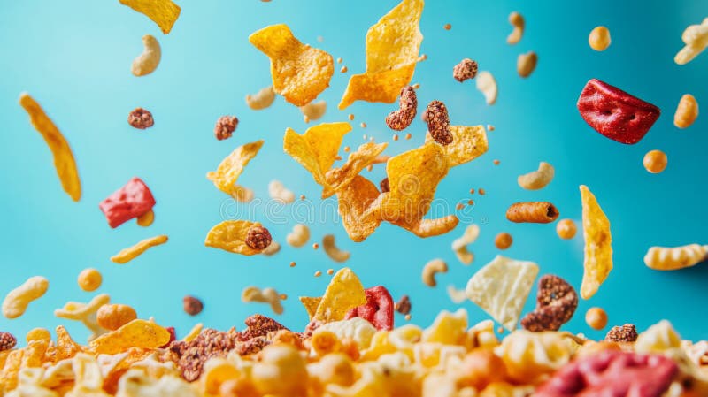 Assorted Snacks Flying Against Blue Background Stock Illustration ...