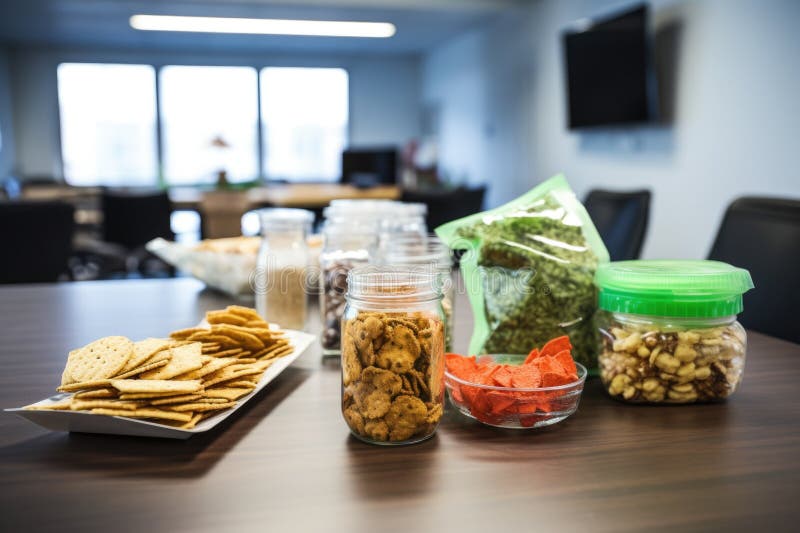 Assorted Snacks on a Table in a Communal Workspace Stock Photo - Image ...