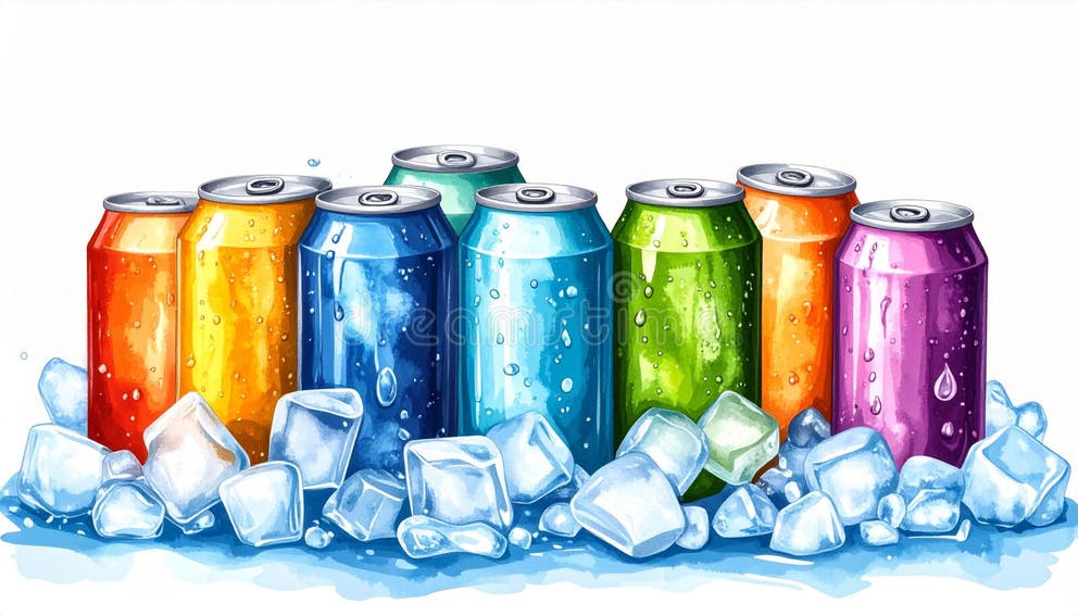 Assorted Soda Cans with Ice Cubes in Refreshing Still Life on White ...