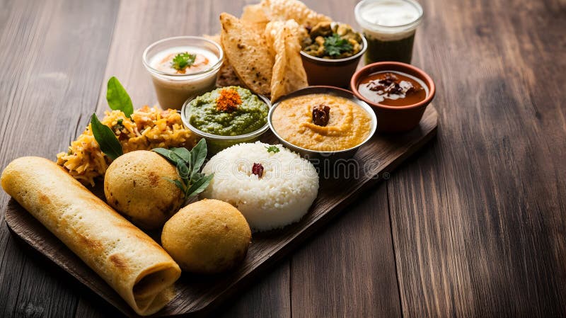 Assorted South Indian Breakfast Foods on Wooden Background for Vibrant ...