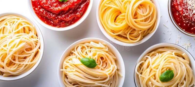 Assorted Spaghetti Dishes with Pasta and Sauces on White Background ...