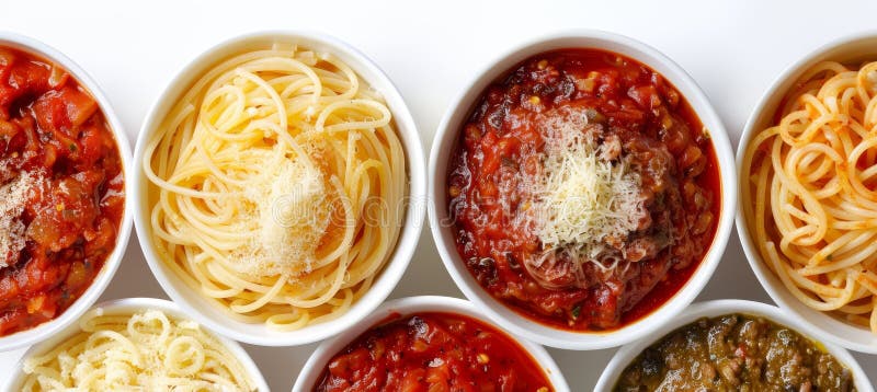 Assorted Spaghetti Dishes with Various Pastas and Sauces on White ...