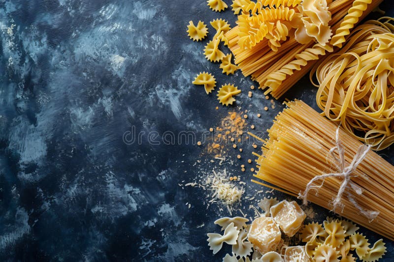 Assorted Spaghetti Pasta on the Table, Top View on a Dark Background ...