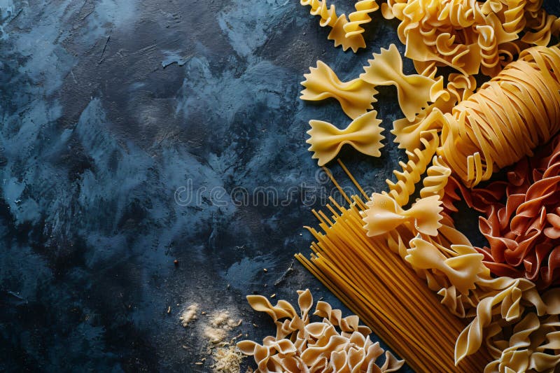 Assorted Spaghetti Pasta on the Table, Top View on a Dark Background ...