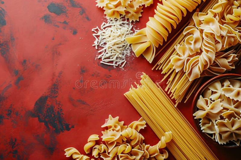 Assorted Spaghetti Pasta on the Table, Top View on a Red Background ...