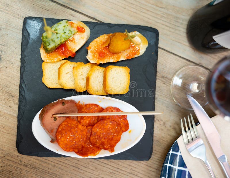 Assorted Spanish Tapas with Cheese and Sausage Stock Image - Image of ...