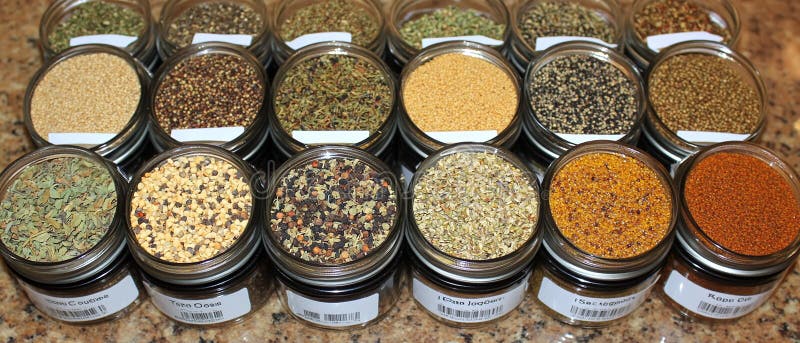 Variety of Spice Blends in Small Jars for Culinary Delights Stock Photo ...