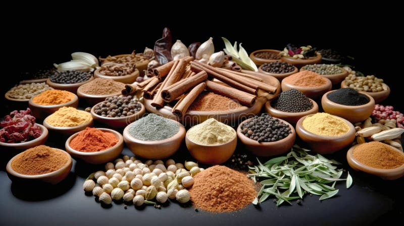 Assorted Spice-filled Bowls Arranged on a Table Stock Illustration ...