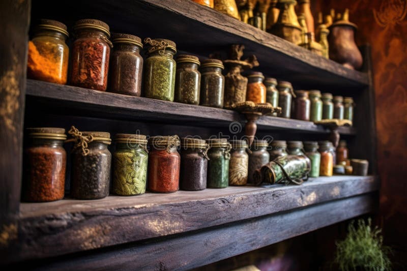 Assorted Spice Jars Displayed on Rustic Shelves Stock Illustration ...