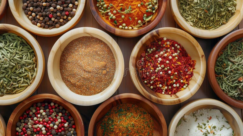 Assorted Spices in Bowls. Spice Background on Table Stock Illustration ...