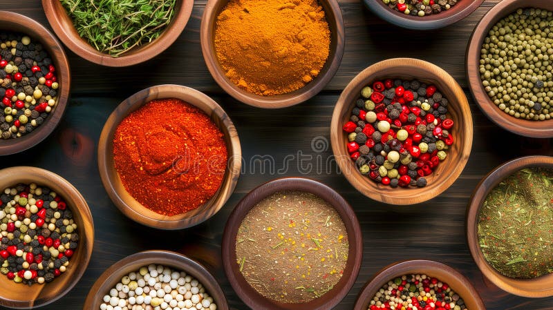 Assorted Spices in Bowls. Spice Background on Table Stock Illustration ...