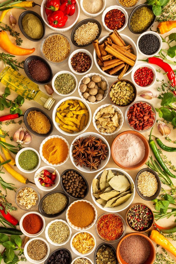 Assorted Spices and Herbs on a Beige Background, Offering Rich Scents ...