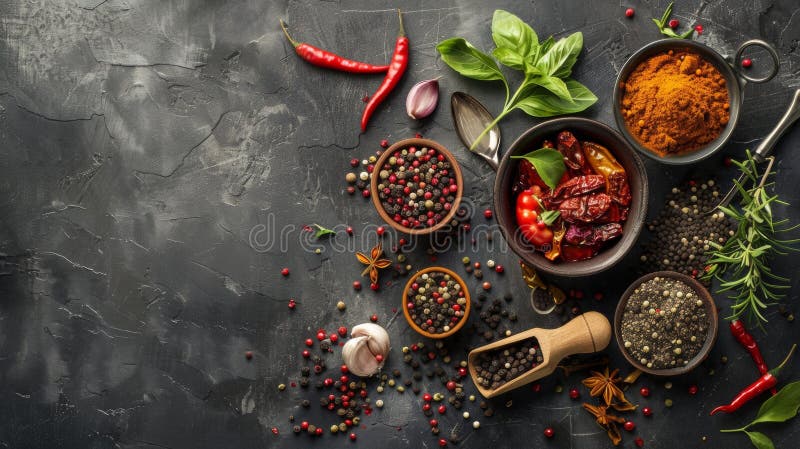 Assorted Spices and Herbs on Dark Background Stock Photo - Image of ...