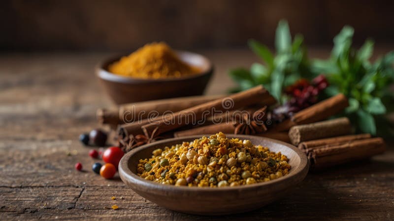 Assorted Spices and Herbs on a Rustic Wooden Table. Stock Photo - Image ...